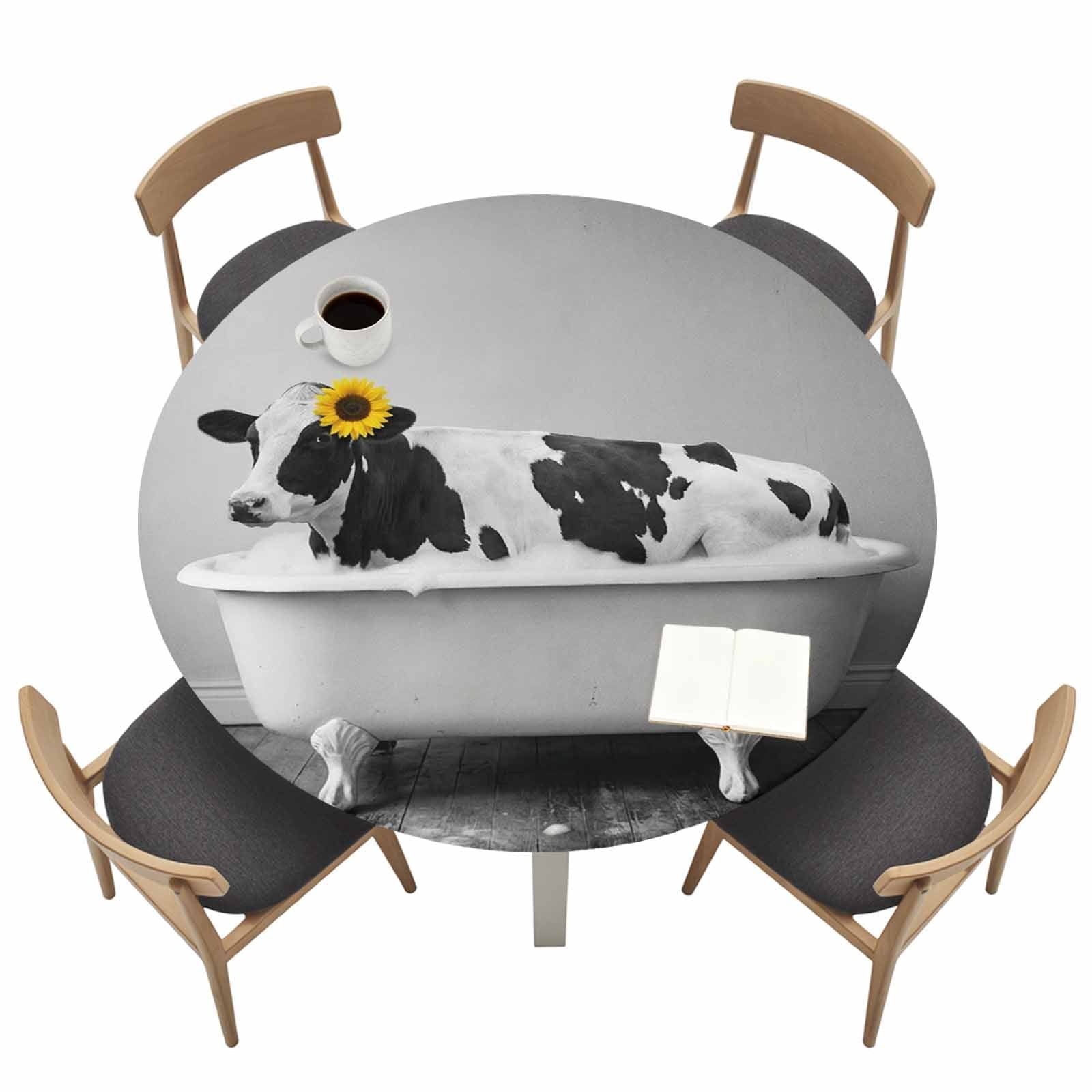Cow Bathtub Round Fitted Tablecloth with Elastic Edge Vintage Black ...