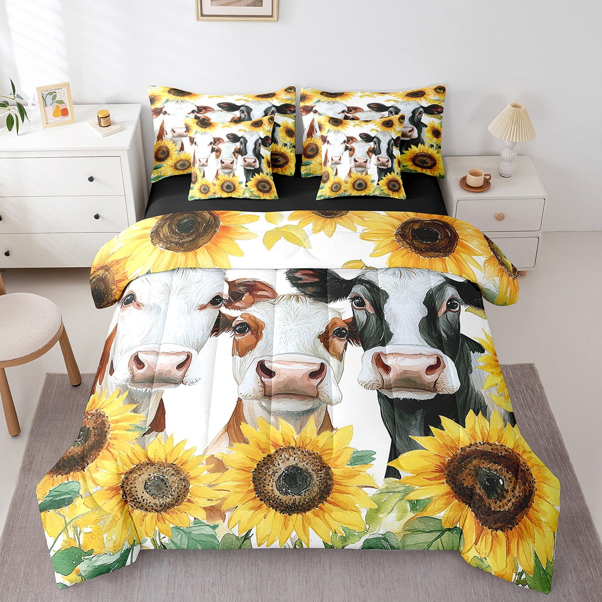 Cow Bedding Queen Size 7Pcs,Sunflower Animals Printed Comforter Set ...