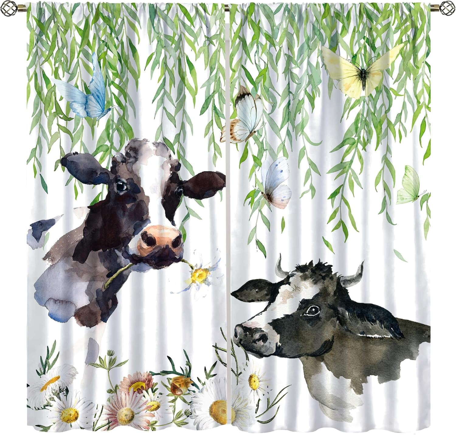 Cow Blackout Curtains,Watercolor Art Rustic Farmhouse Cow Weeping Plant ...