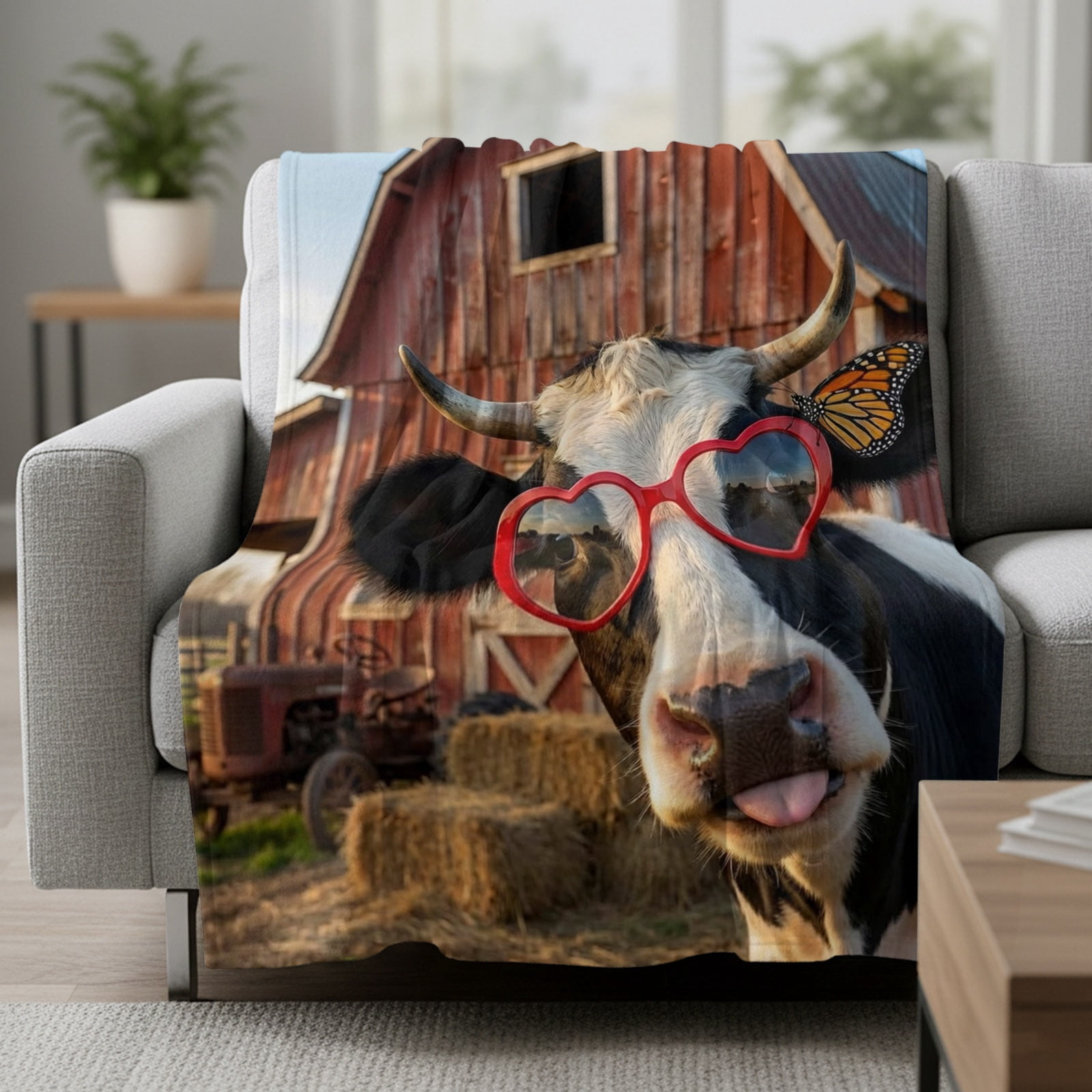 Cow Butterfly Fleece Throw Blanket Vintage Funny Farm Sunglasses Cow ...