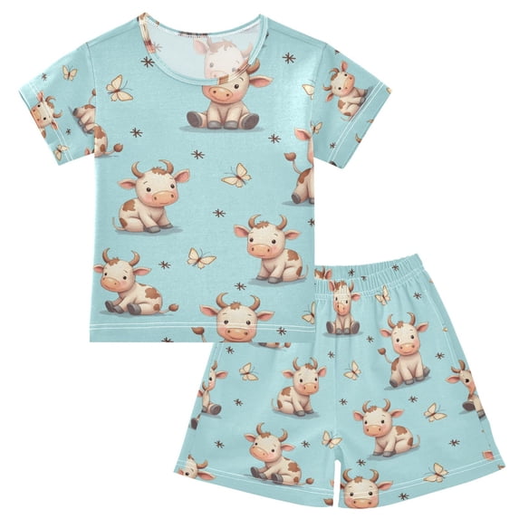 Cow Butterfly Pattern Summer Pajama Set Soft Cotton Short Sleeve ...
