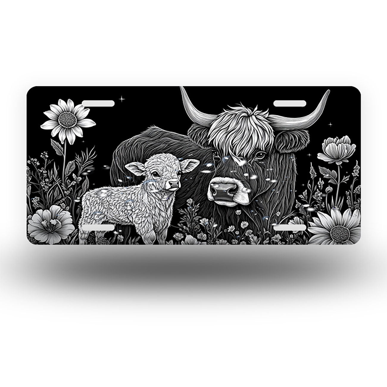 Cow and Calf in Black and White Flowers Front License Plate,Metal ...