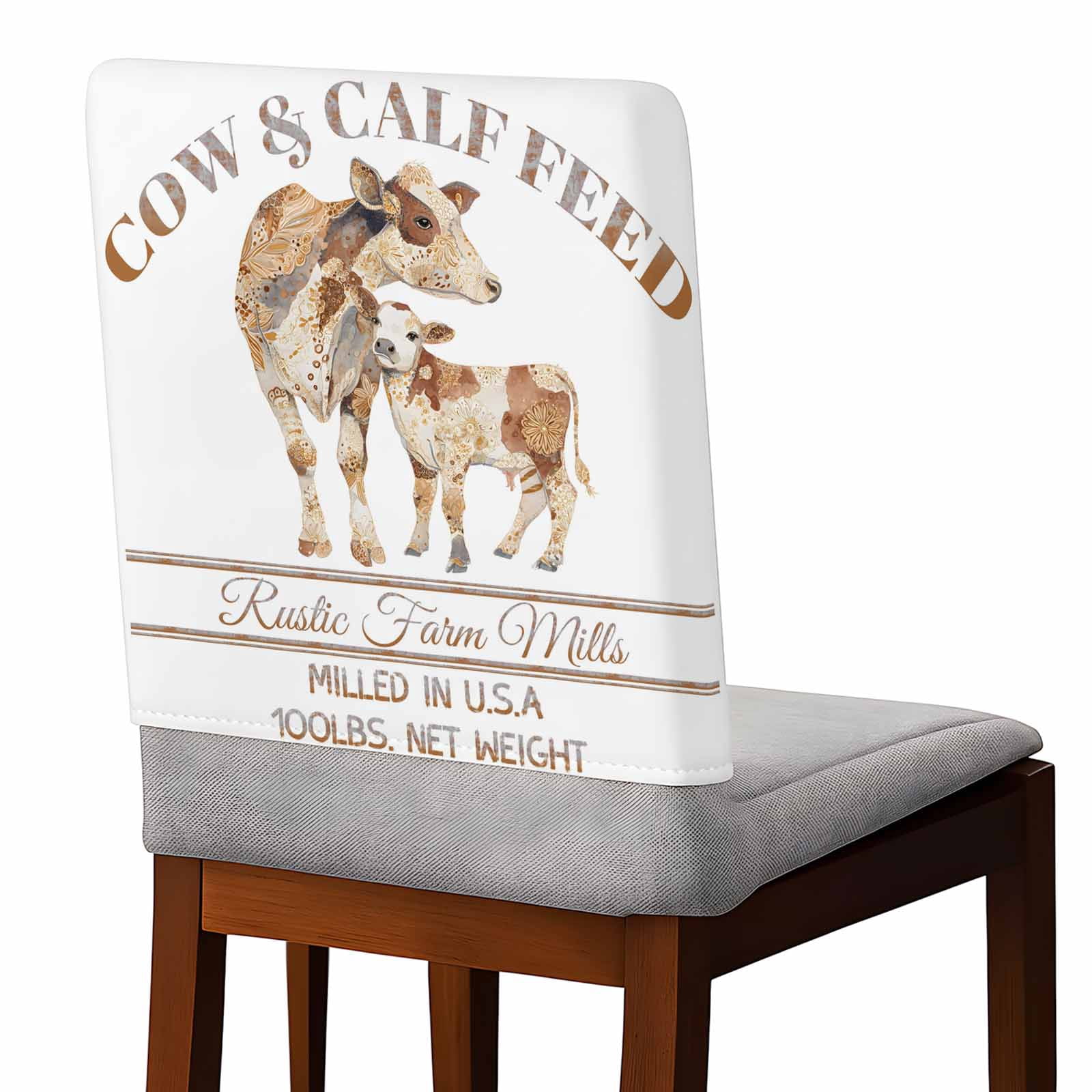 Cow and Calf Feed Chair Covers Set of 8 Rustic Farm Mills Brown Animals ...