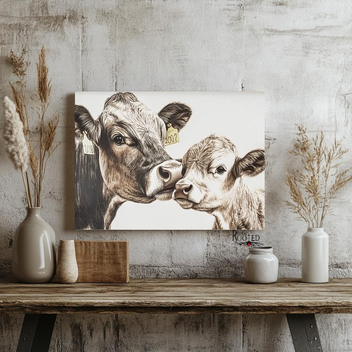 Cow Calf Rustic Farmhouse Wall Art Poster, Stretched Size 8x12 ...