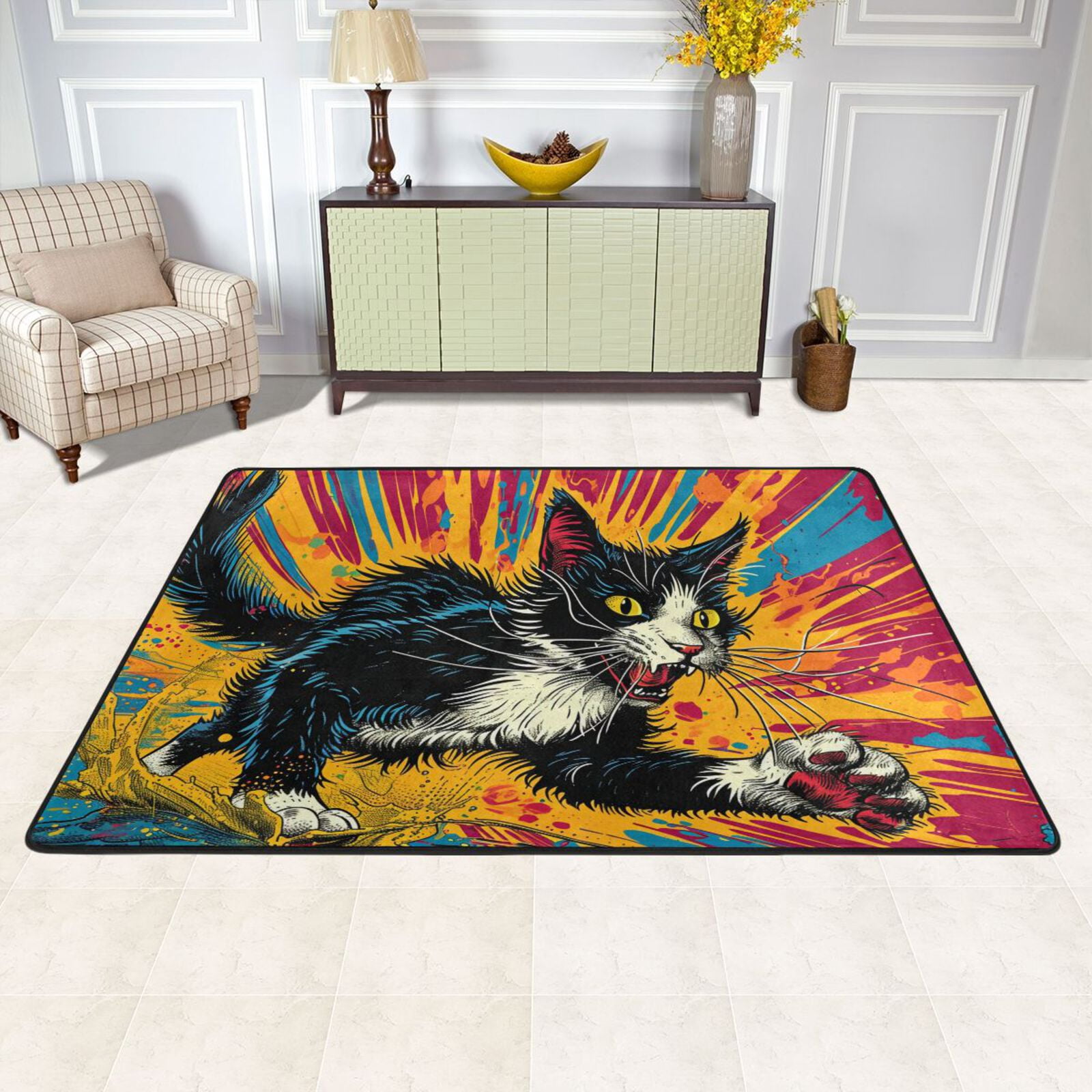 Cow Cat Area Rug Washable 72 x 48 Floor Carpet Mat Non Slip for Bedroom ...