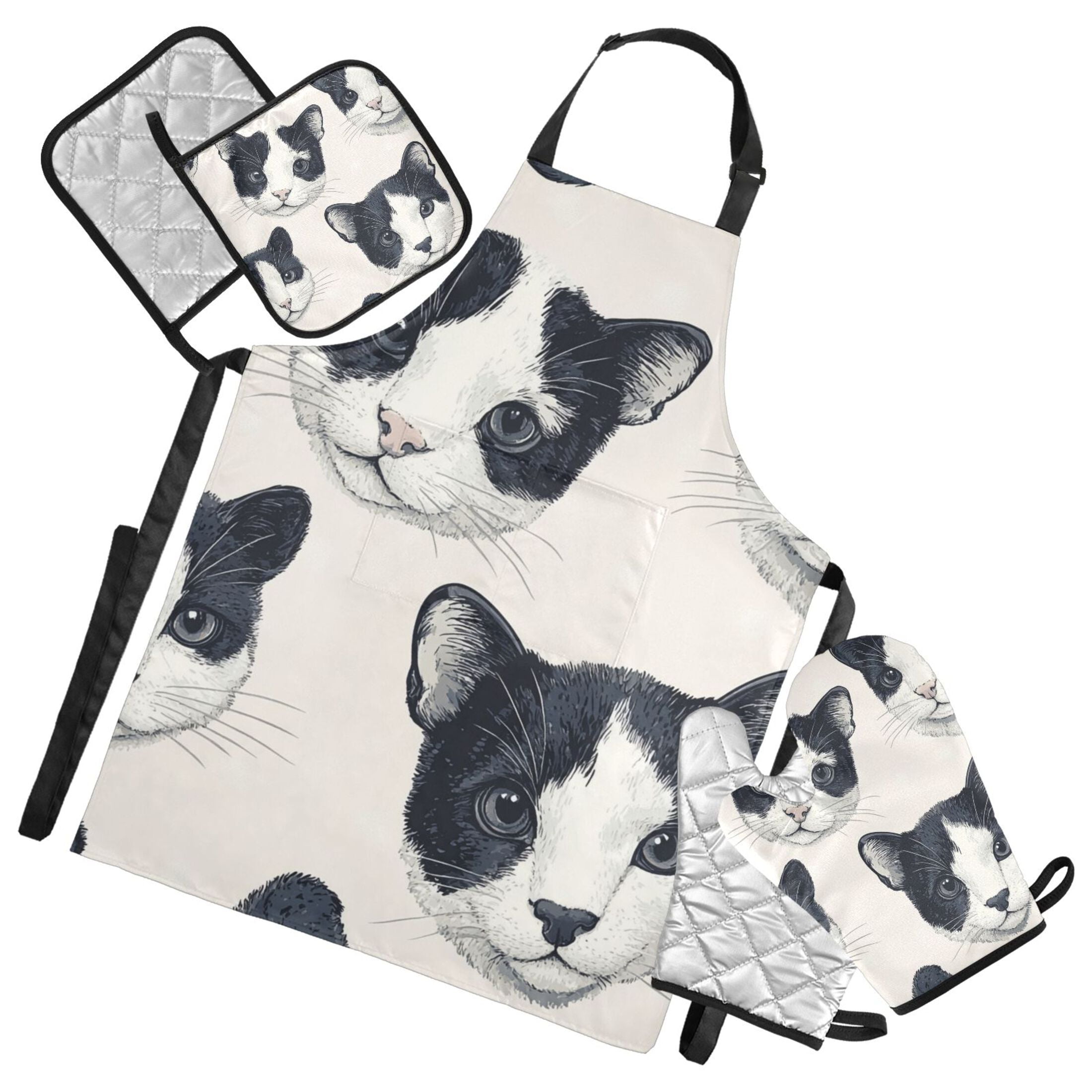 Cow Cat Faces Cute Apron Set with Oven Mitts Pot Holders Set of 5 ...