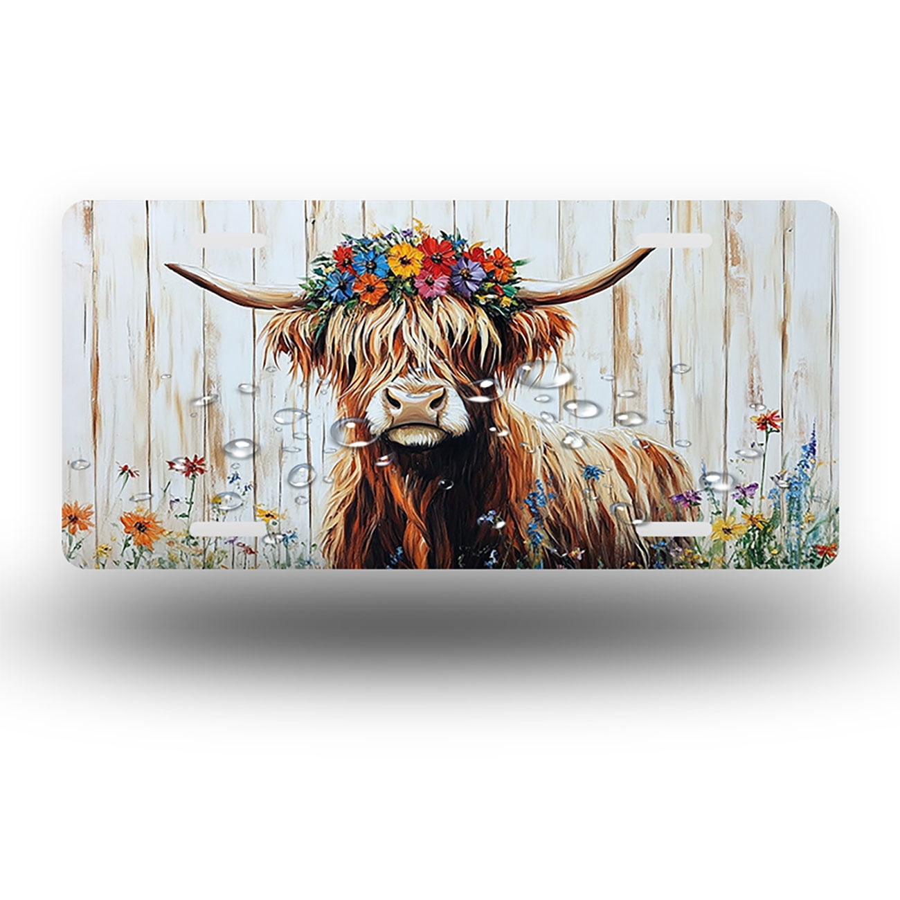 Cow with Colorful Flower Crown by Fence Front License Plate,Metal ...