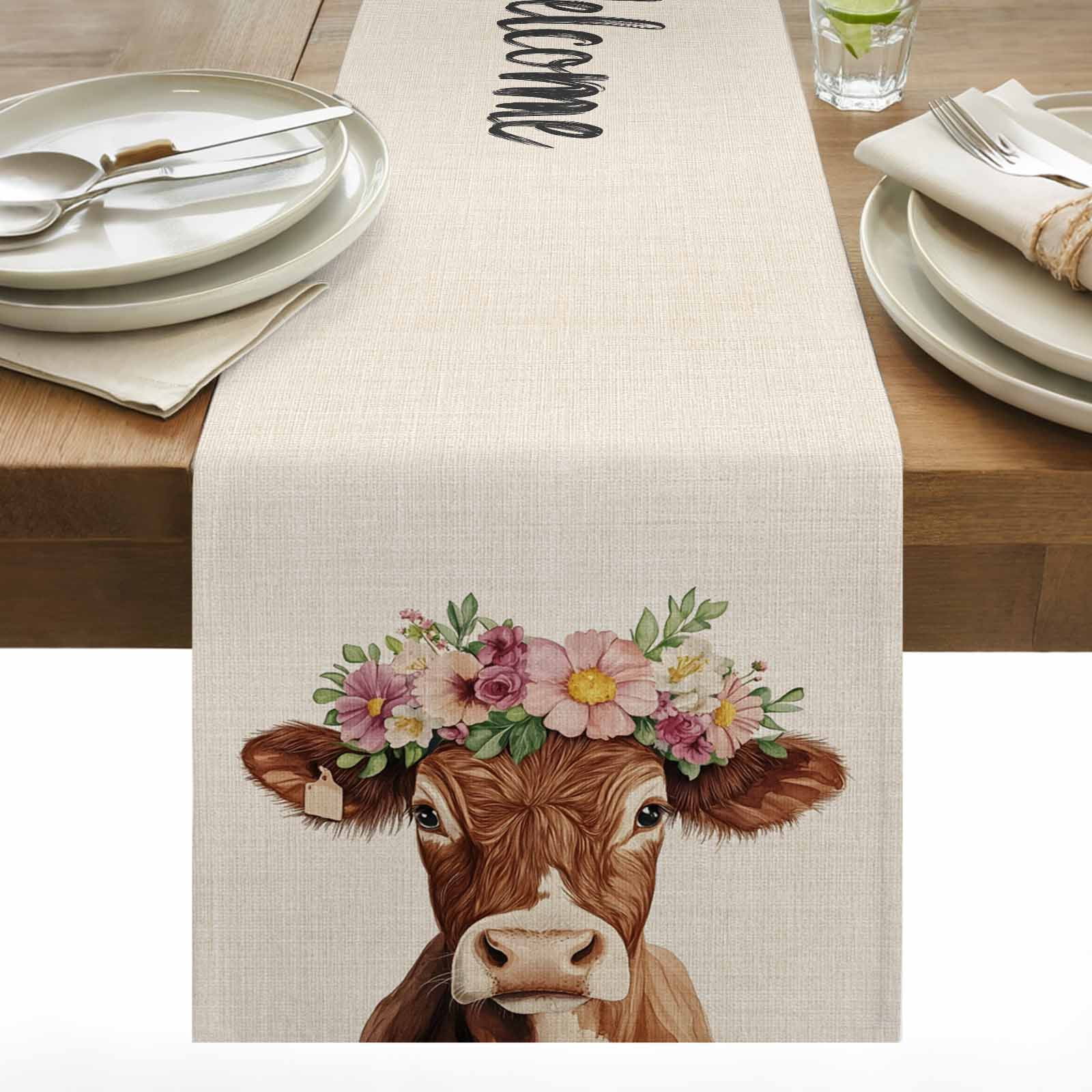 Cow Cotton Linen Table Runner Welcome Dining Table Runners for Home ...