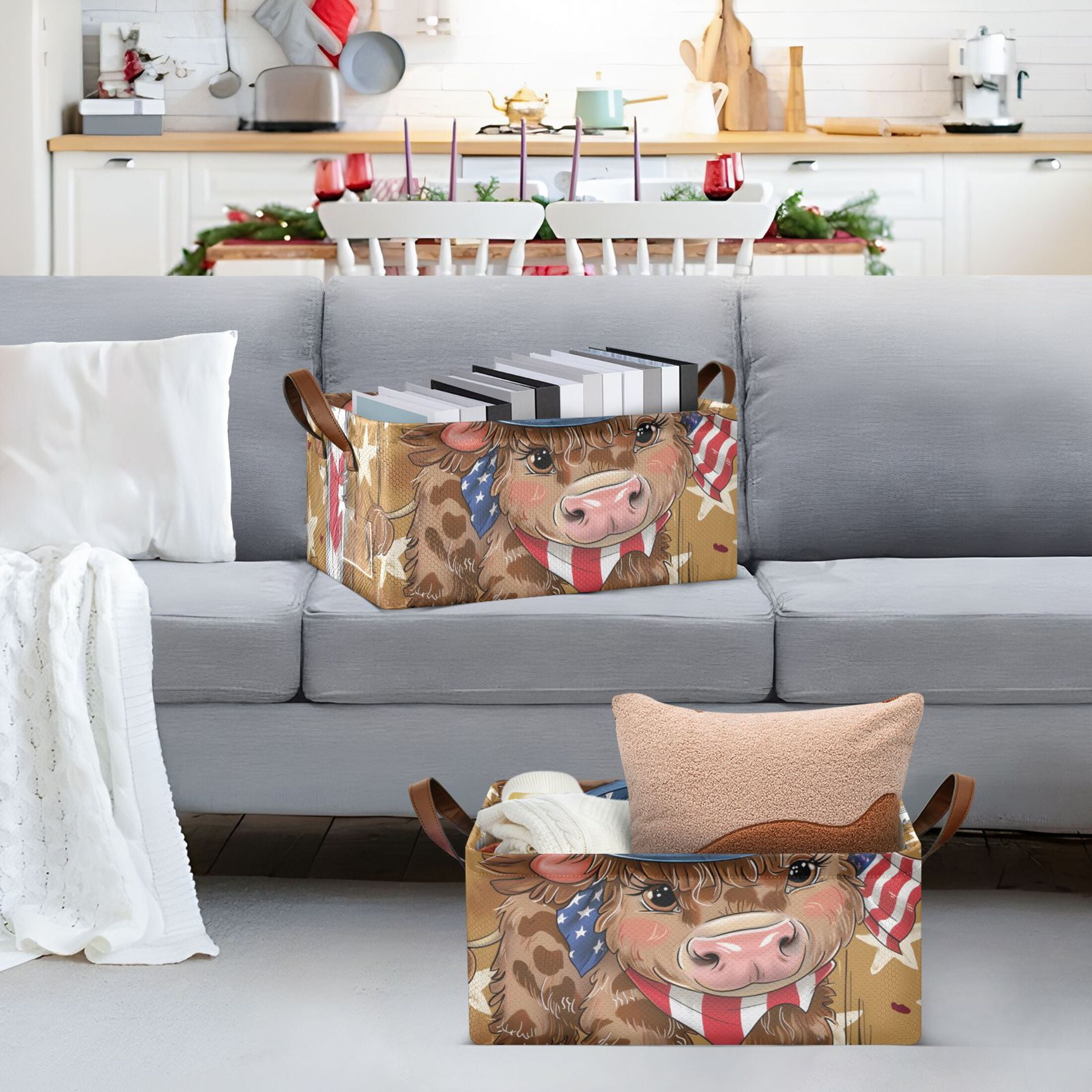 Cow Cowboy American Flag Storage Bins with Handles Foldable Storage ...