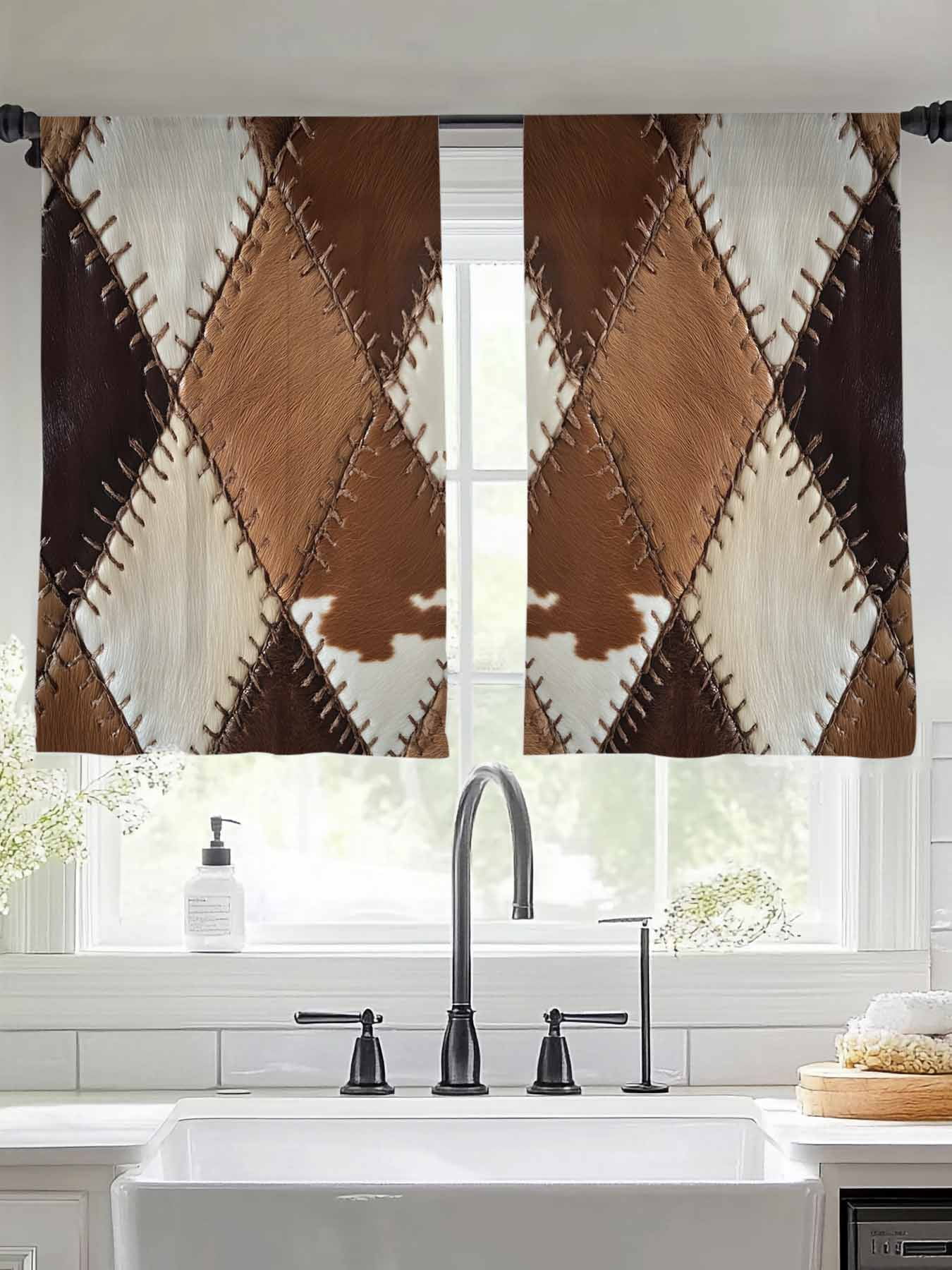 Cow Cowhide Art Sheer Curtains 54 Inches Long 2 Panels Abstract Brown ...