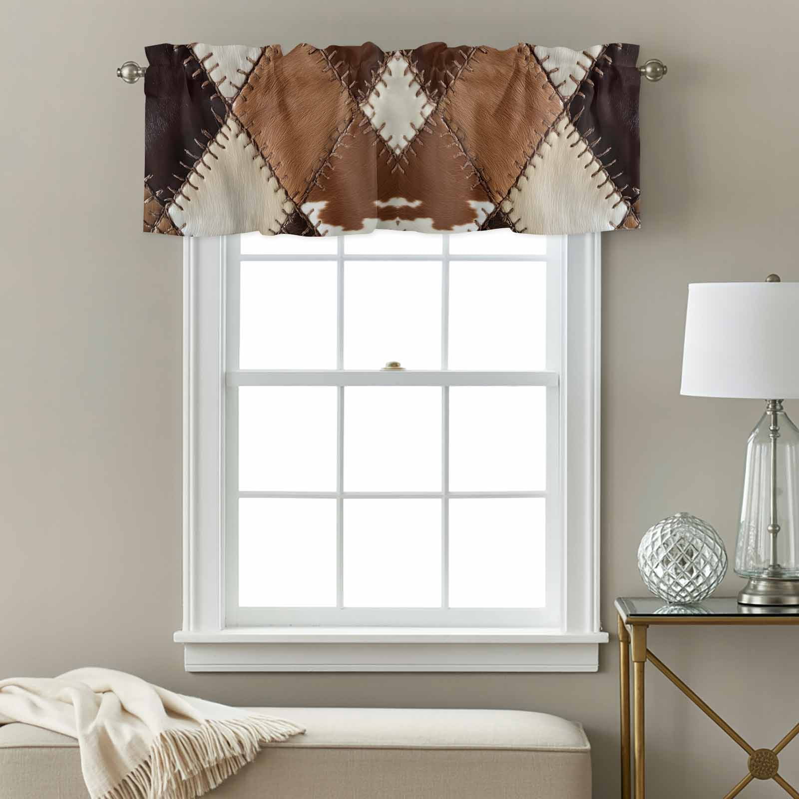 Cow Cowhide Art Window Valance for Kitchen, Abstract Brown Seam Leather ...