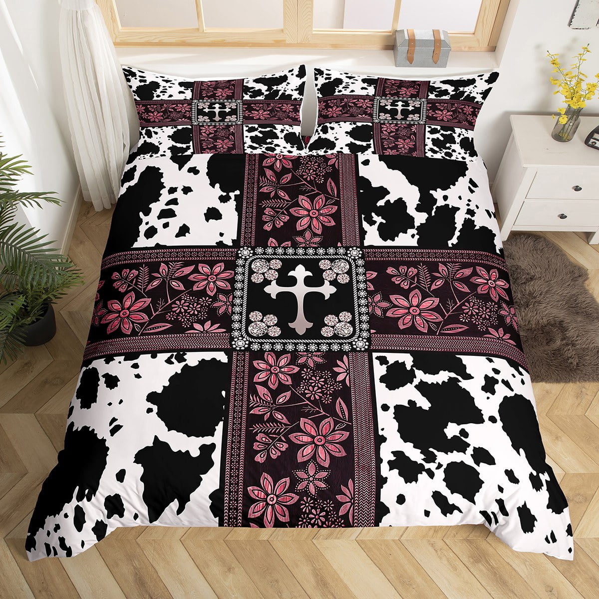 Cow Decor Bedding Set Full Retro Floral Duvet Cover Women Teens Adult ...