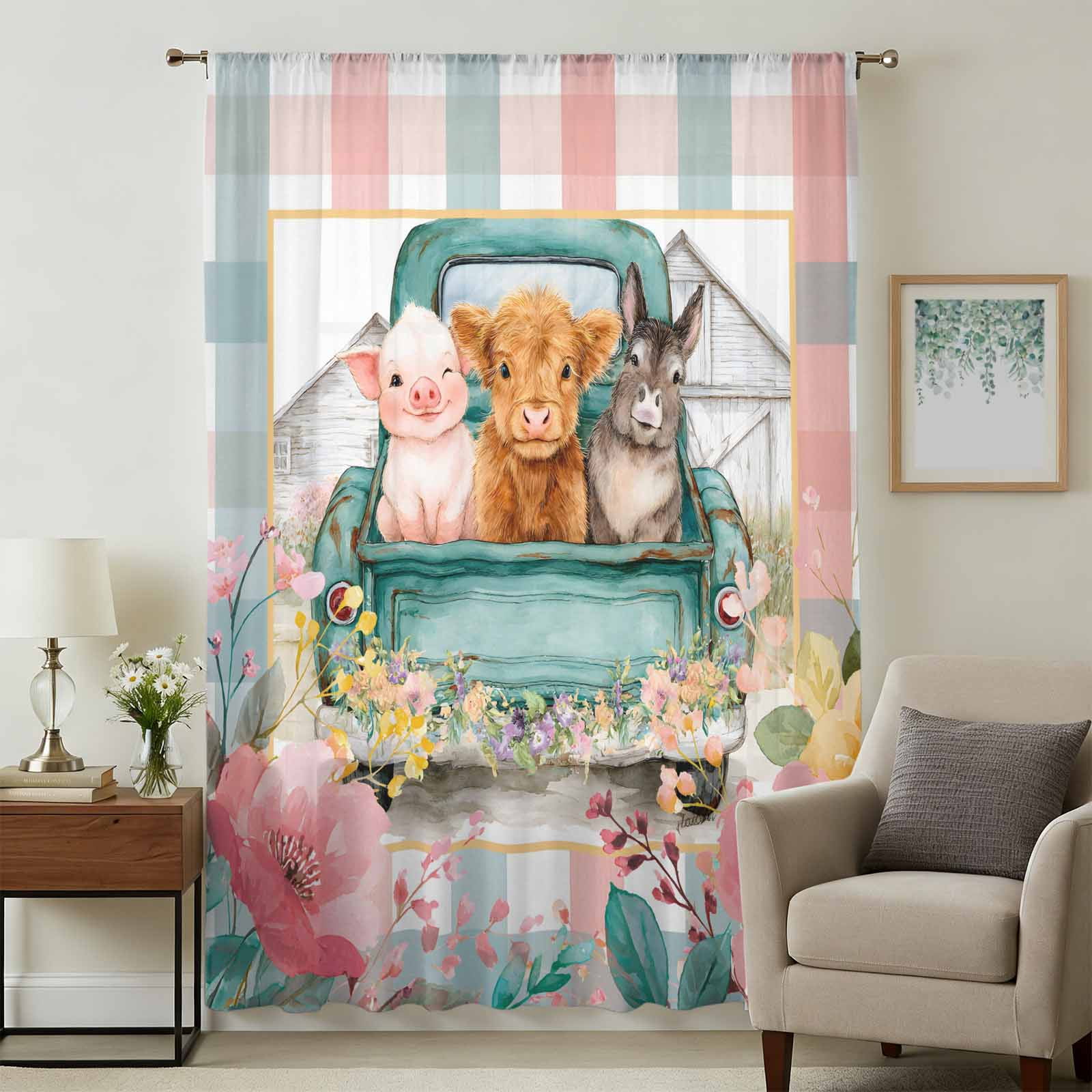 Cow Donkey Pig Sheer Curtains 45 Inches Long, Truck Flowers Farm ...