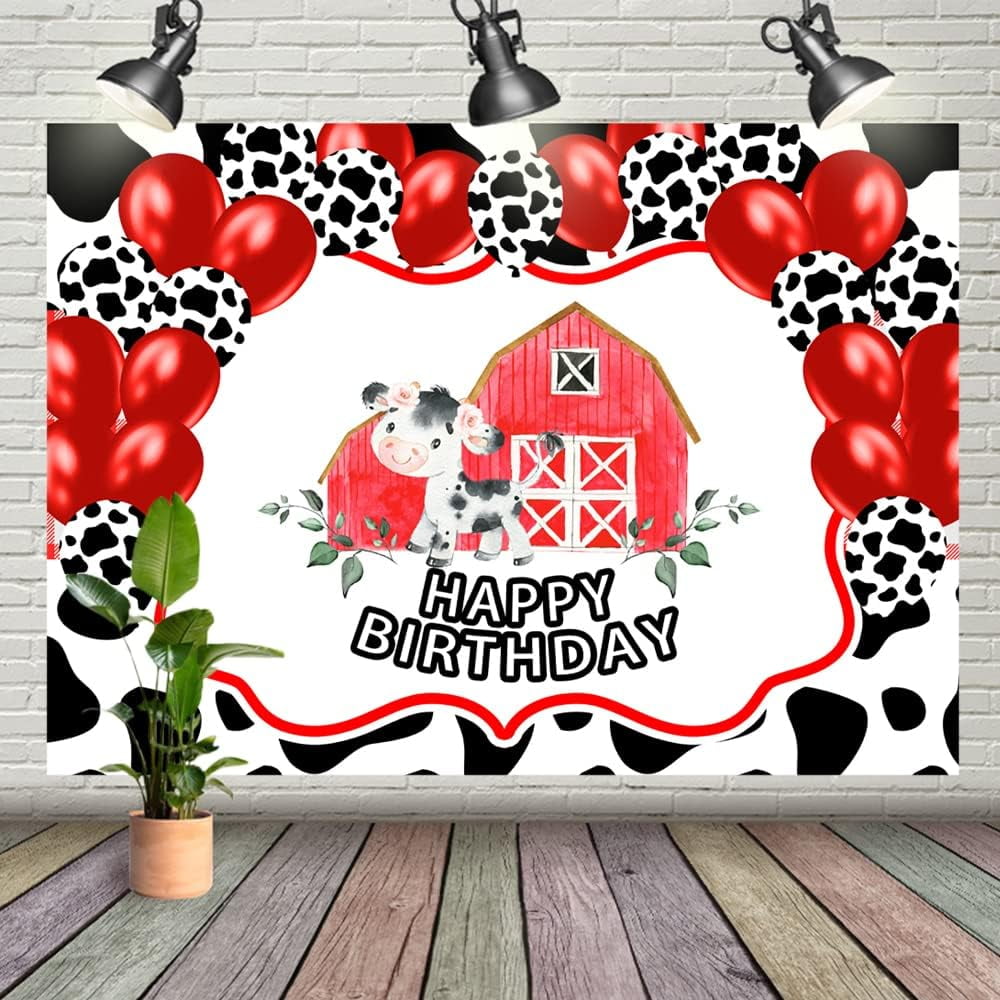 Cow Farm Birthday Backdrop Red Log Cabin Balloon Cow Pattern Background ...
