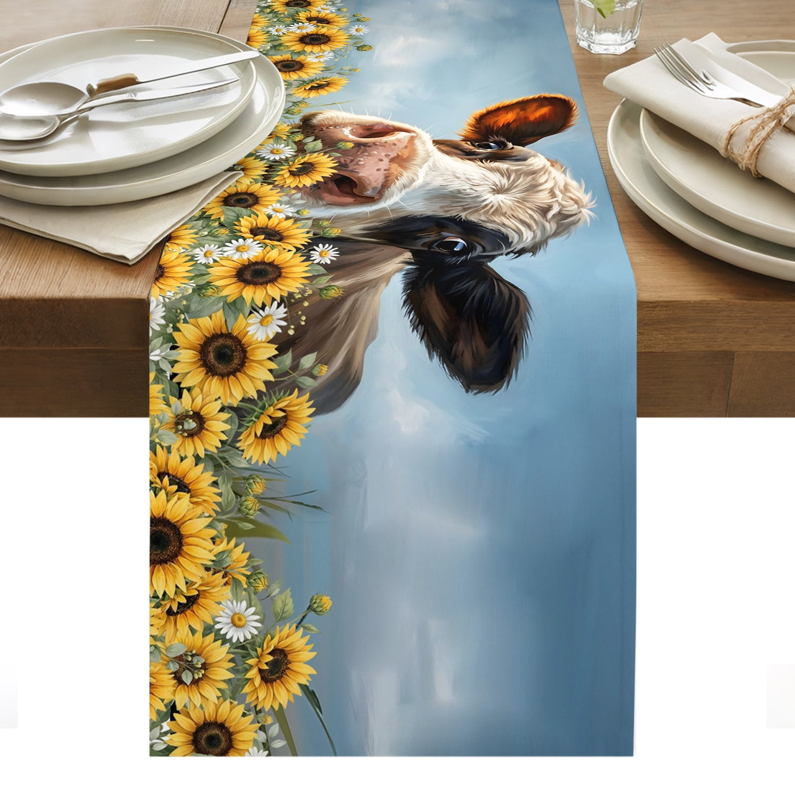 Cow Farmhouse Cotton Linen Table Runner Yellow Sunflowers Daisy Country ...