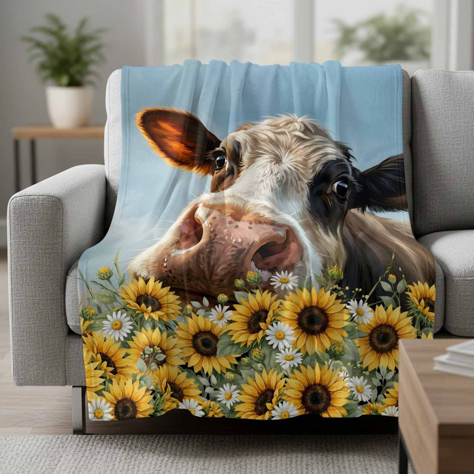 Cow Farmhouse Fleece Throw Blanket Yellow Sunflowers Daisy Country ...