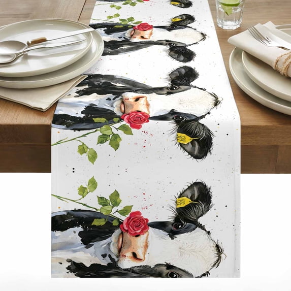 Cow Floral Cotton Linen Table Runner Rustic Farm Watercolor Black White ...