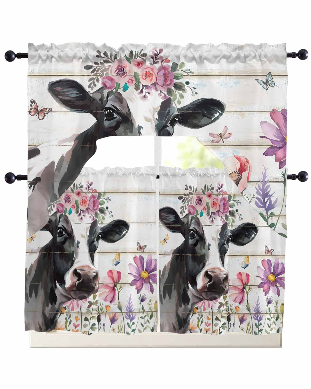 Cow Floral Kitchen Curtains Swag Valance and Tier Curtains Set 24 Inch ...