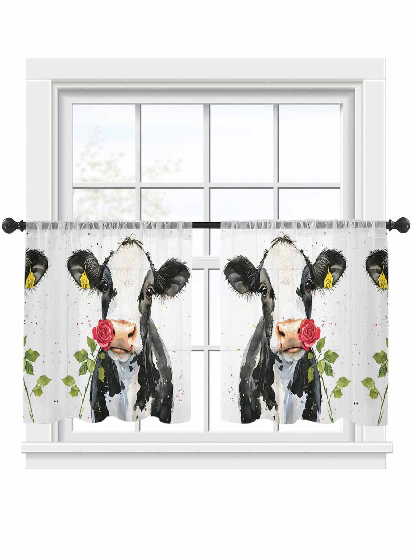 Cow Floral Sheer Curtains 2 Panels Set Rustic Farm Watercolor Black ...