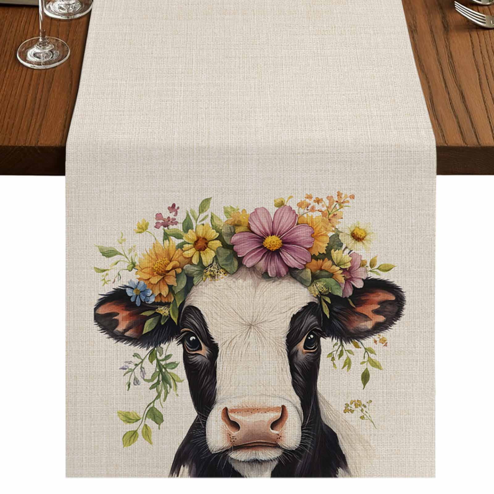 Cow Flower 120 Inch Table Runner, Spring Cute Idyllic Animal Garland ...