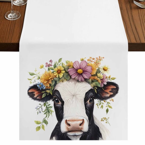 Cow Flower 48 Inch Table Runner, Cute Farm Animal Pastoral Pastel ...