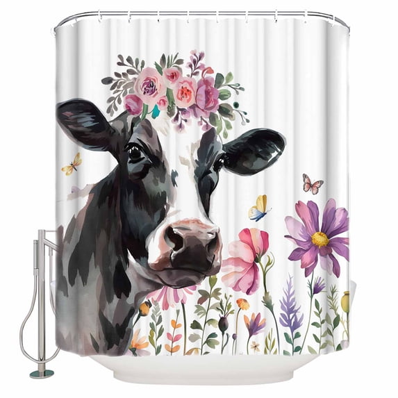 Cow Flower Bathroom Shower Curtains with 12 Hooks Polyester Waterproof ...