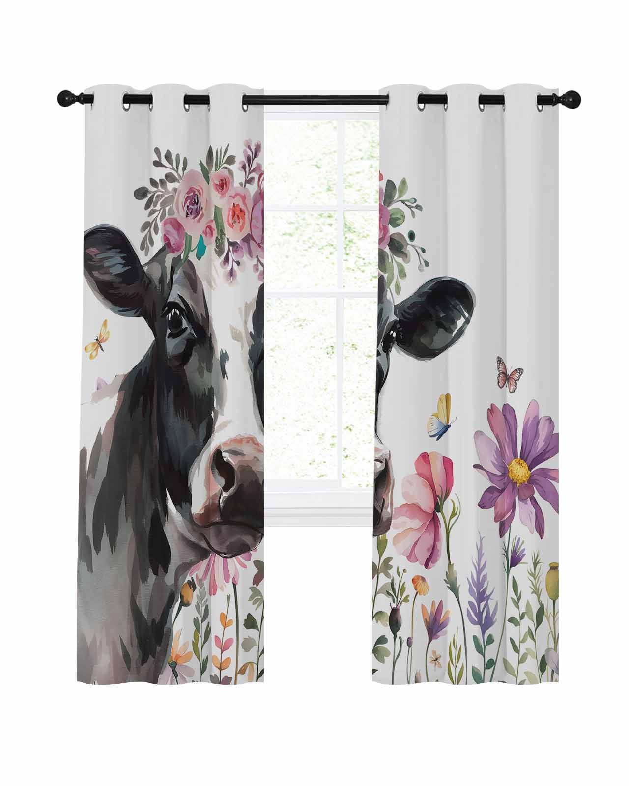 Cow Flower Blackout Curtains, Light Blocking Print Window Curtains ...