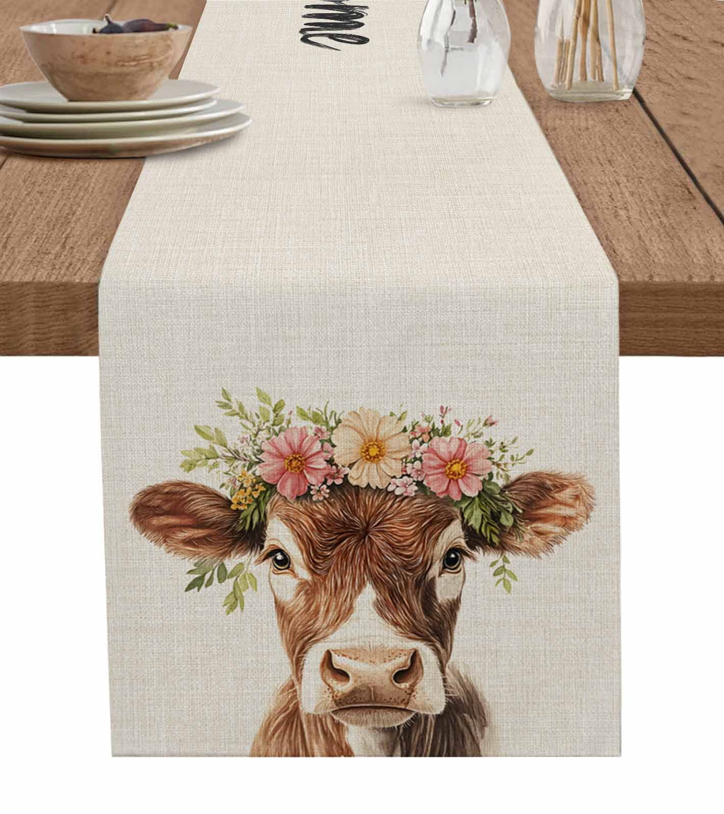 Cow Flower Garland Burlap Cotton Table Runner 13x48 Inches Long, Farm ...