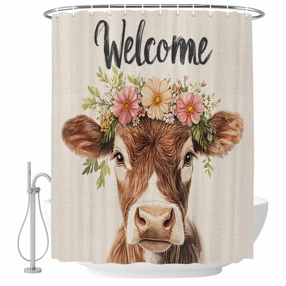 Cow Flower Garland Shower Curtain Set - 48" x 72" Washable Bathtub ...