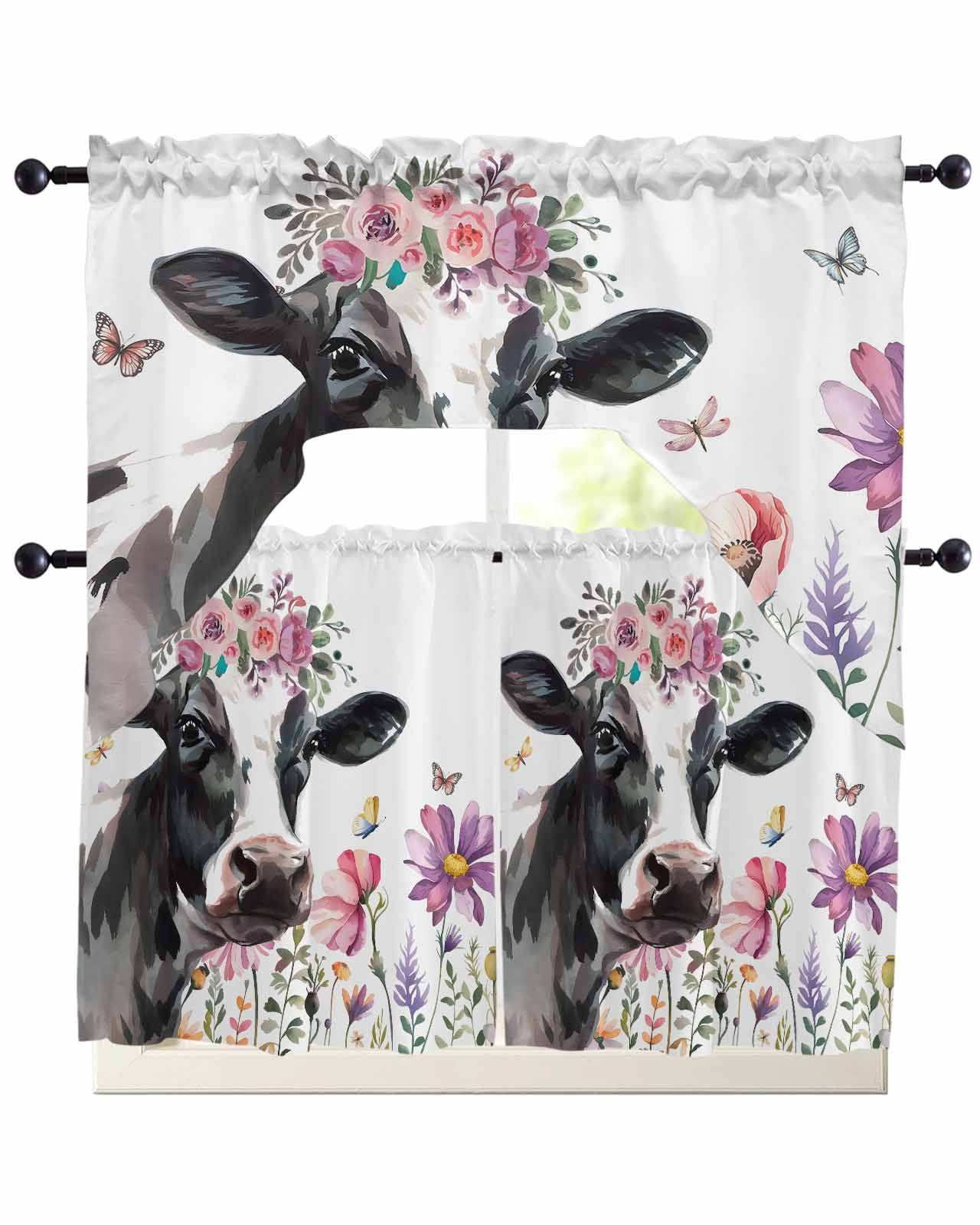 Cow Flower Kitchen Curtains Swag Valance and Tier Curtains Set 36 Inch ...
