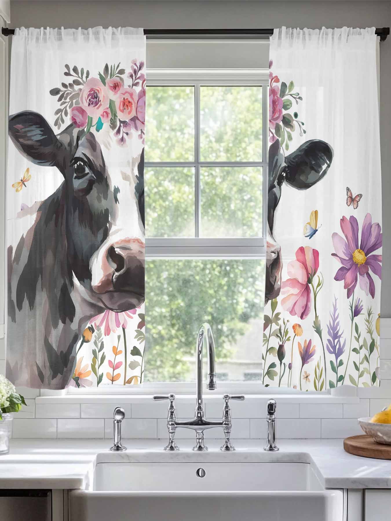 Cow Flower Sheer Curtains for Living Room Bedroom Farmhouse Cattle ...