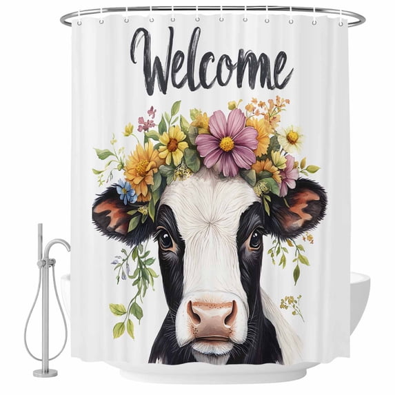 Cow Flower Shower Curtain Set - 48" x 72" Washable Bathtub Curtain with ...
