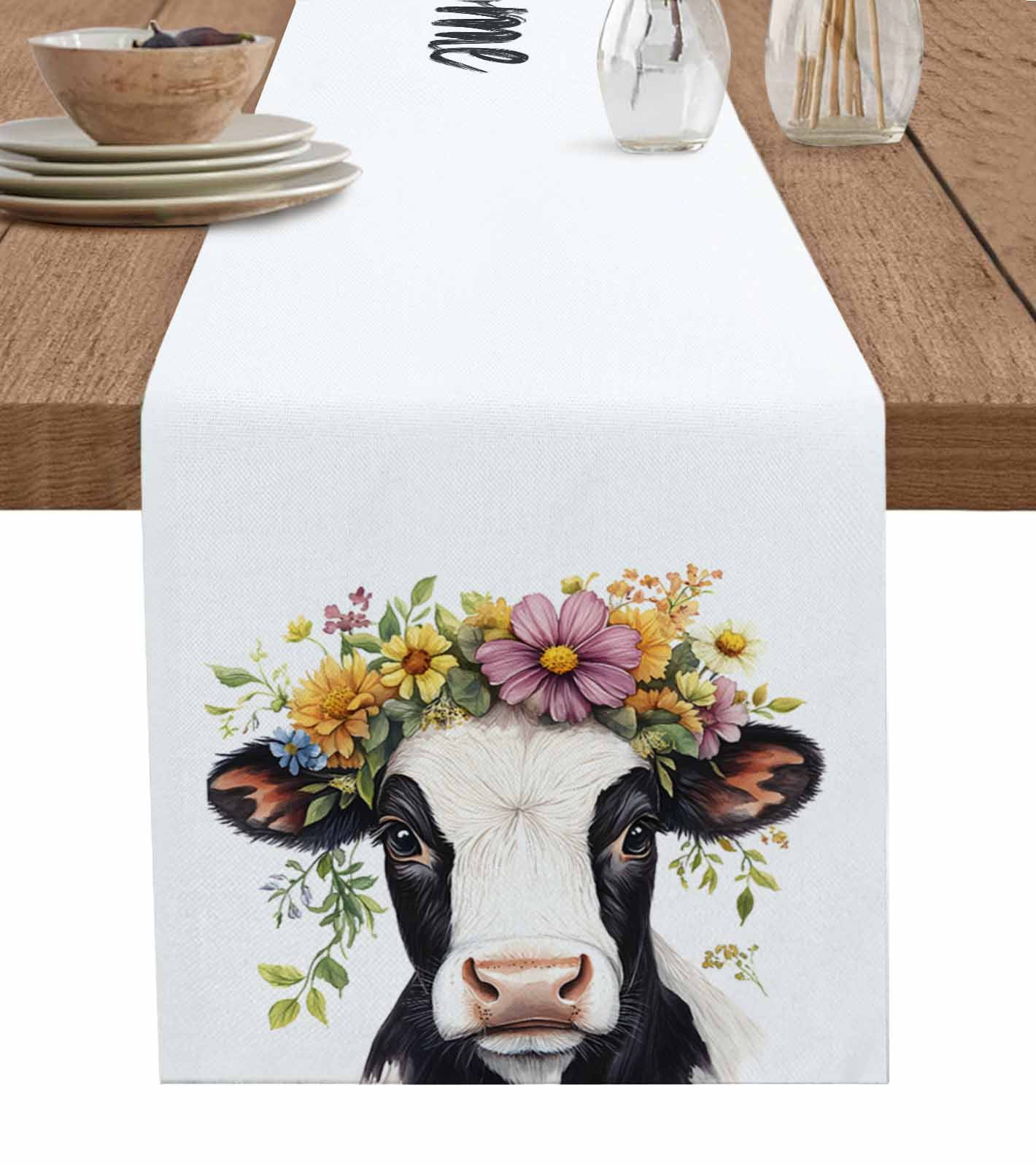 Cow Flower Table Runner 72 Inches, Cute Farm Animal Pastoral Pastel ...