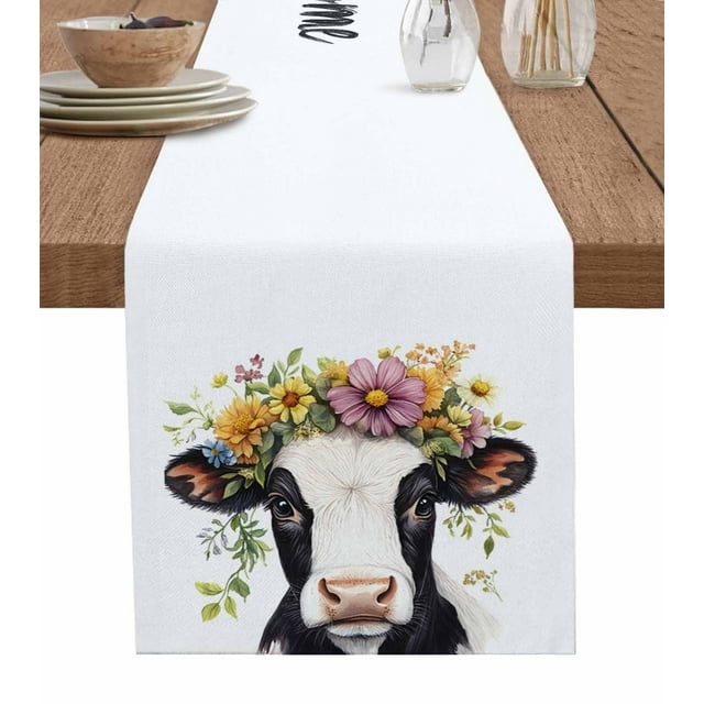 Cow Flower Table Runner 72 Inches, Cute Farm Animal Pastoral Pastel ...