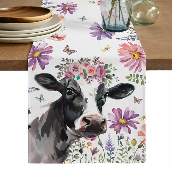 Cow Flower Table Runner, Farmhouse Cattle Botanical Butterfly Floral ...