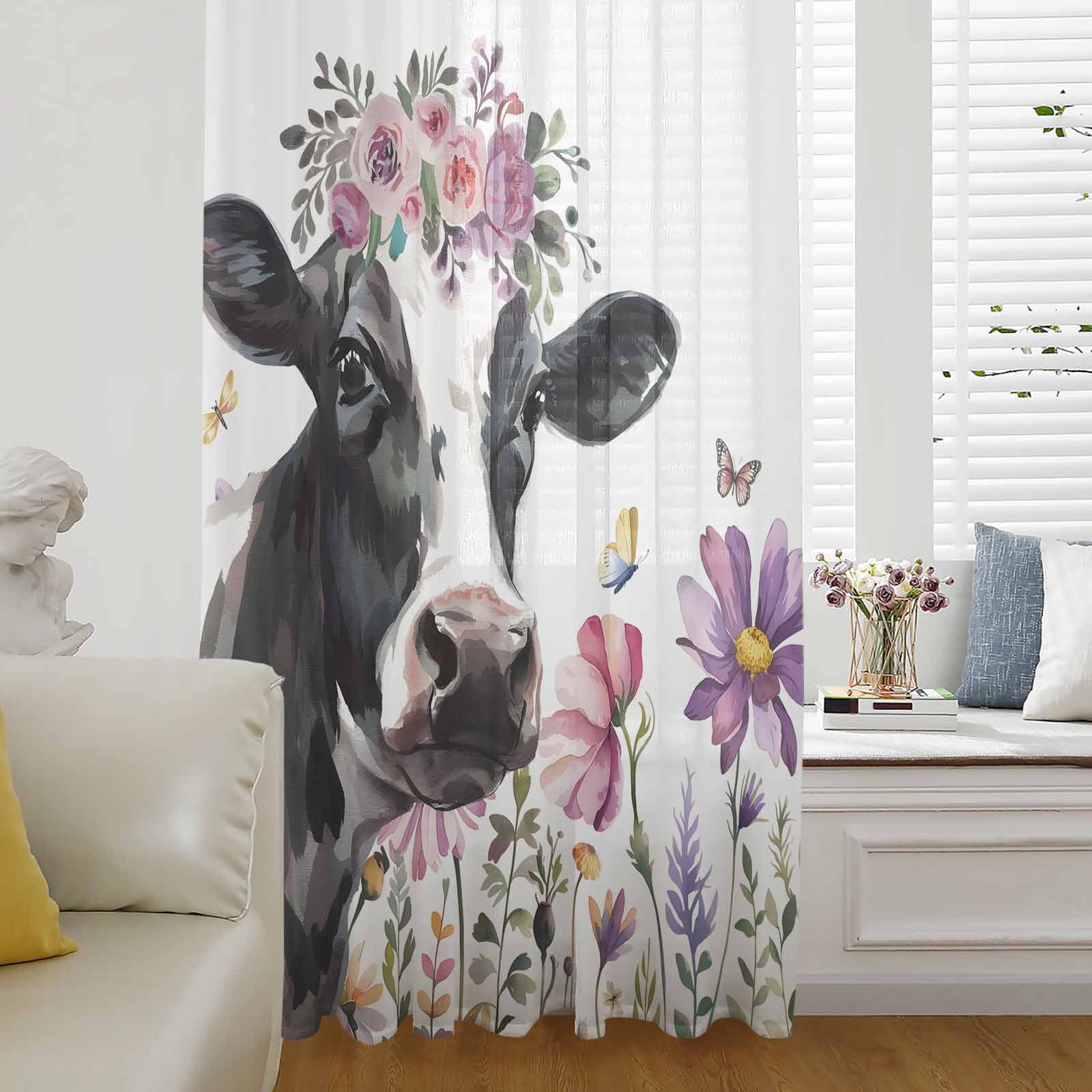 Cow Flower Window Curtain 63 Inches Long,Farmhouse Cattle Botanical ...