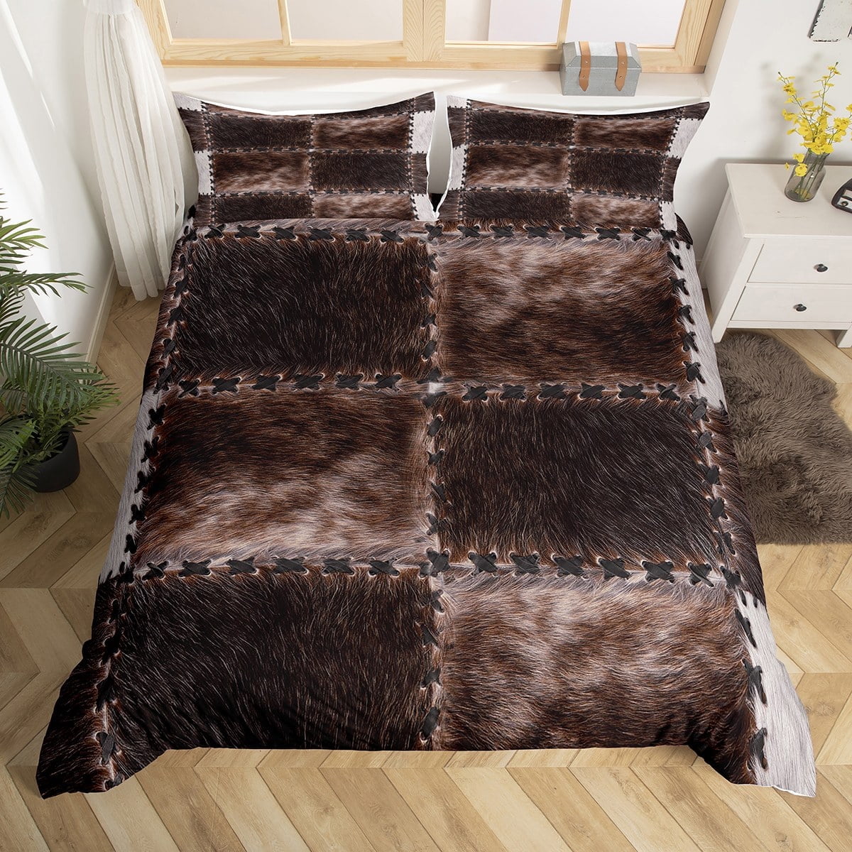 Cow Print Duvet Cover Full Black Brown Cowhide Bedding Set For Adult ...