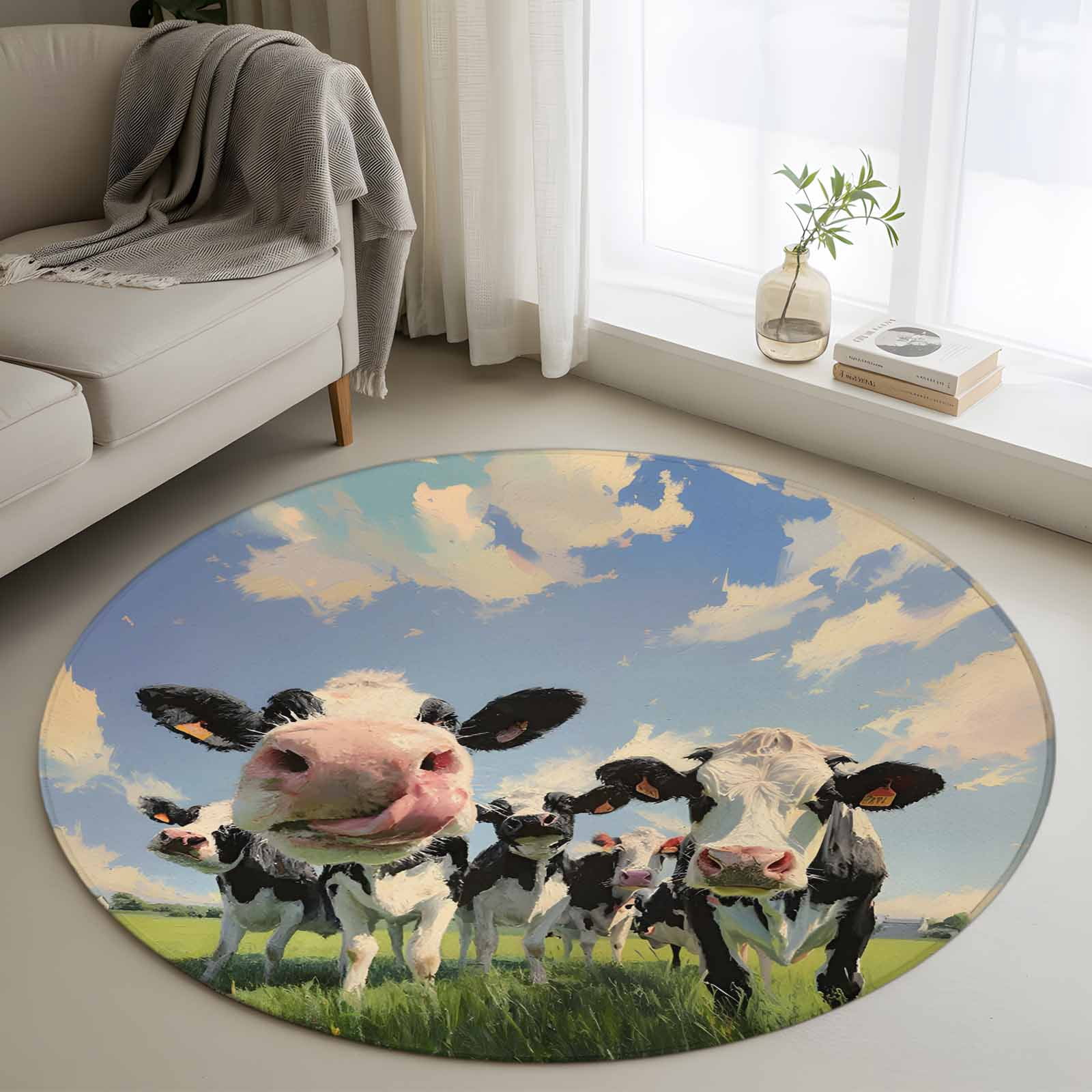 Cow Group 3' Round Rug for Bathroom Accent Bedside Corner, Retro ...