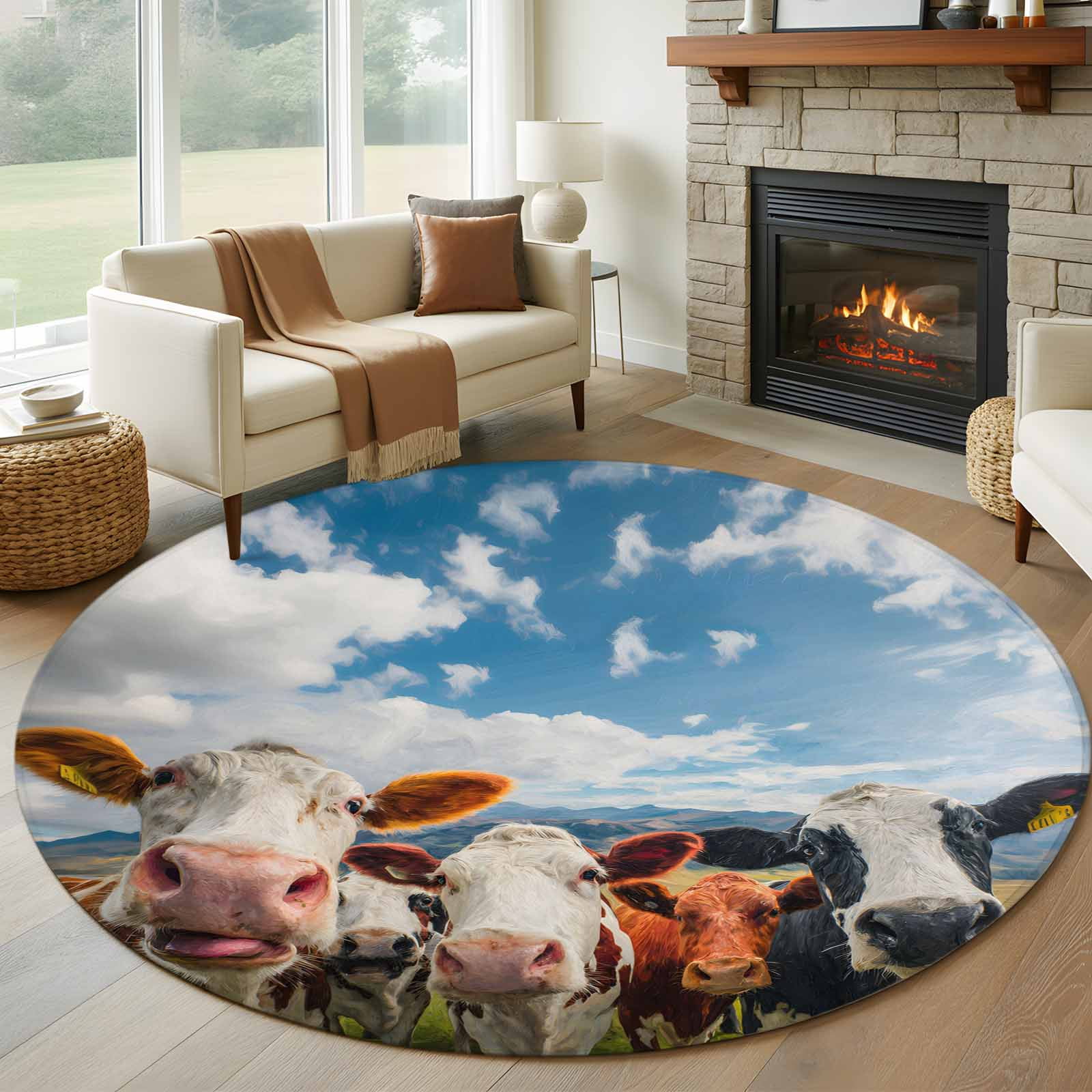 Cow Group 8' Round Rug for Open Concept Living Room Seating Zone, Retro ...
