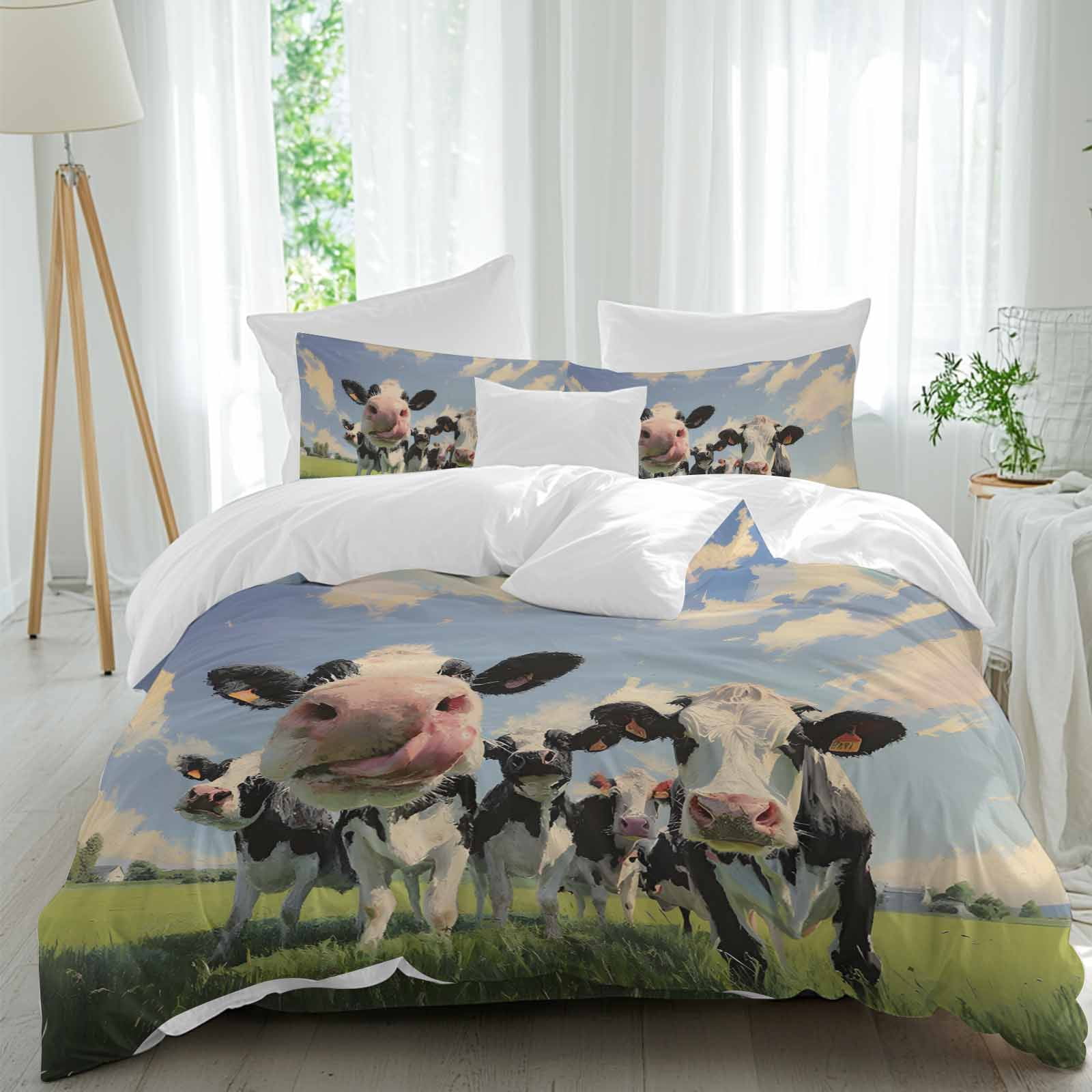 Cow Group Comforter Set Queen Size, Retro Country Cows Grass Blue Sky ...