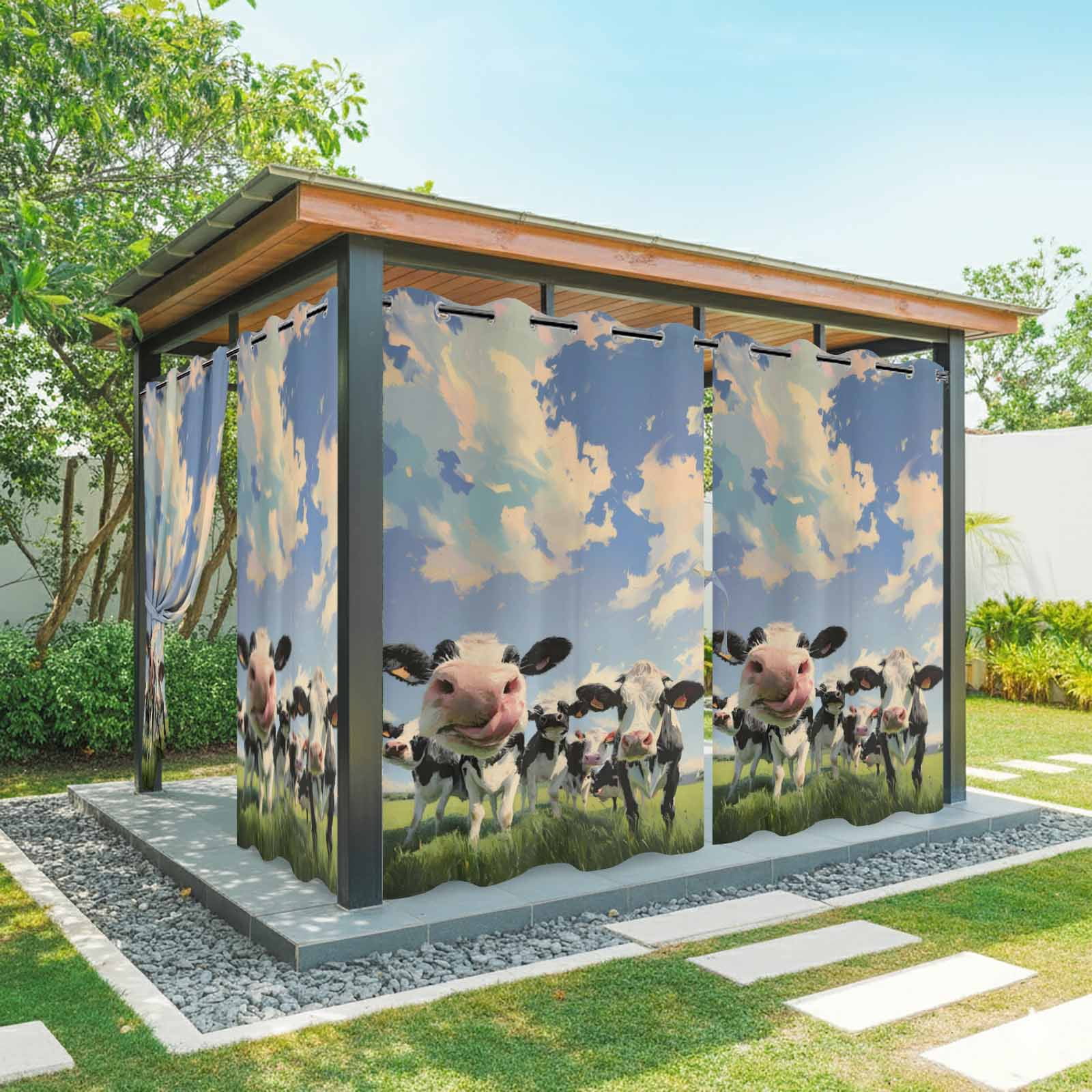 Cow Group Outdoor Curtains for Patio, Retro Country Cows Grass Blue Sky ...