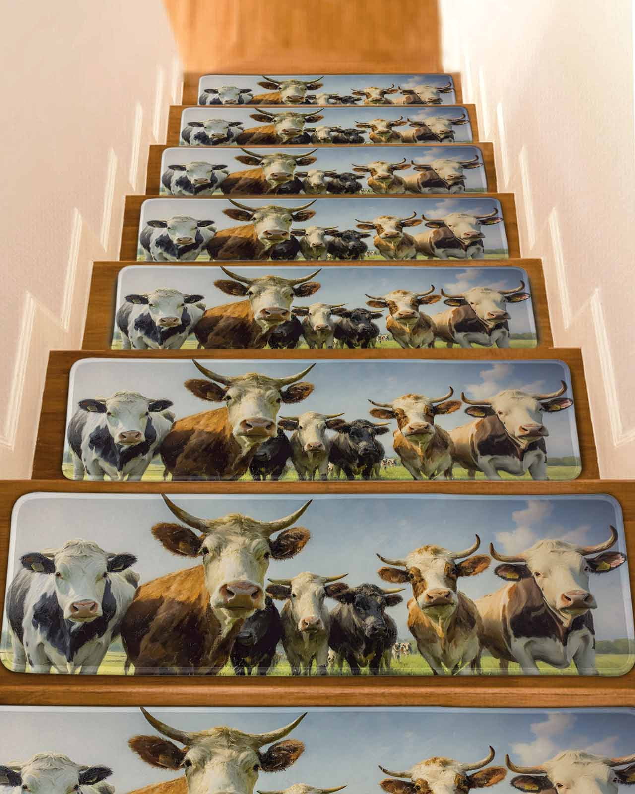 Cow Group Stair Treads Retro Country Cows Grass Blue Sky Indoor Non ...