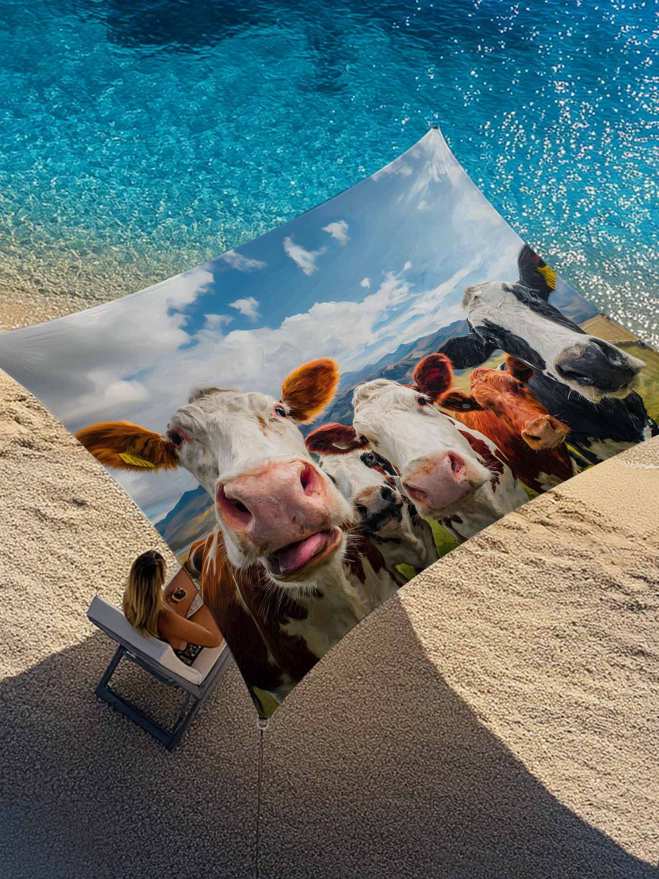 Cow Group Sun Shade Sail 12' x 16', Retro Country Cows Farm Grass Blue ...