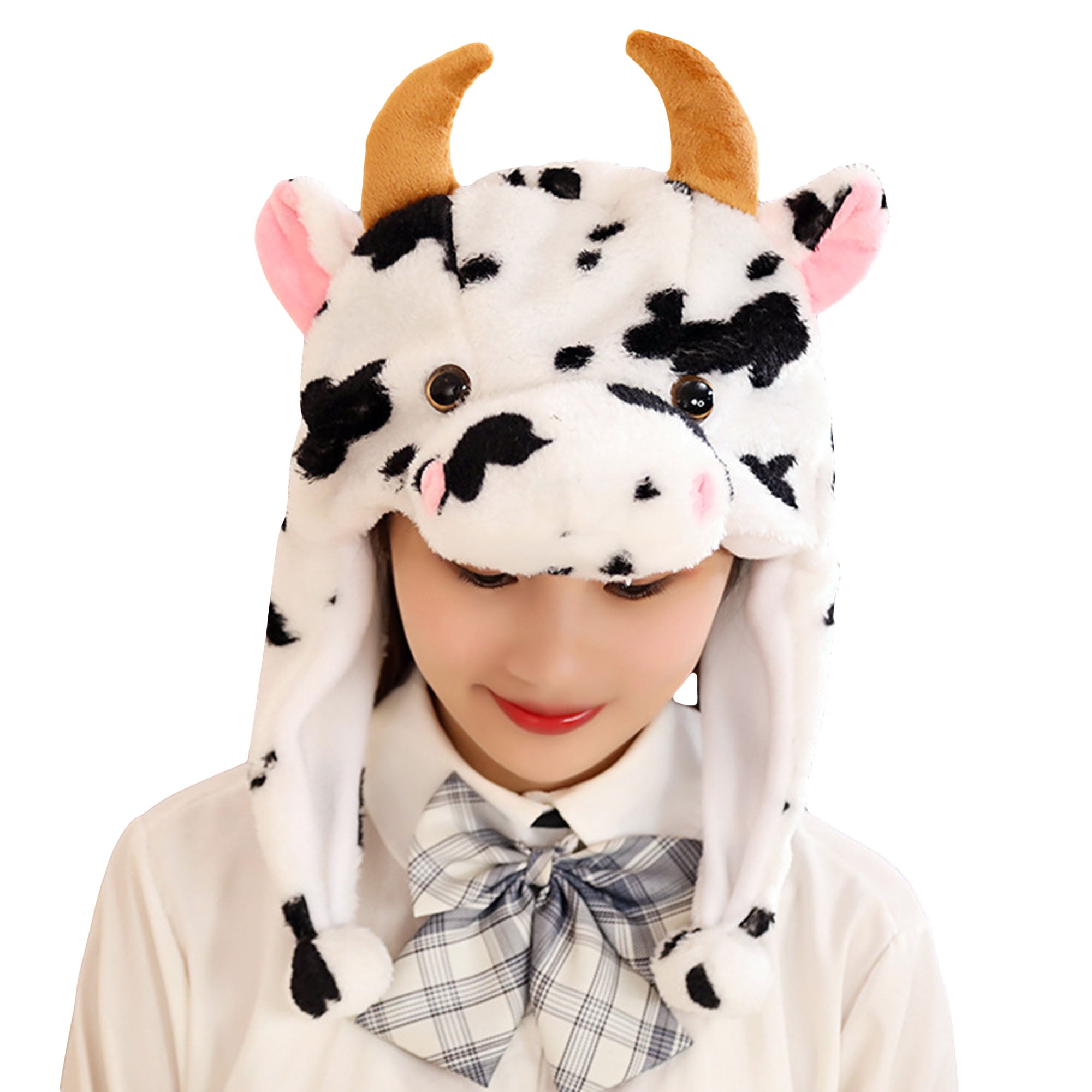 Cow Hat Plush Animal Hat Ear Moving Jumping Hats Funy Pop Up Beating ...