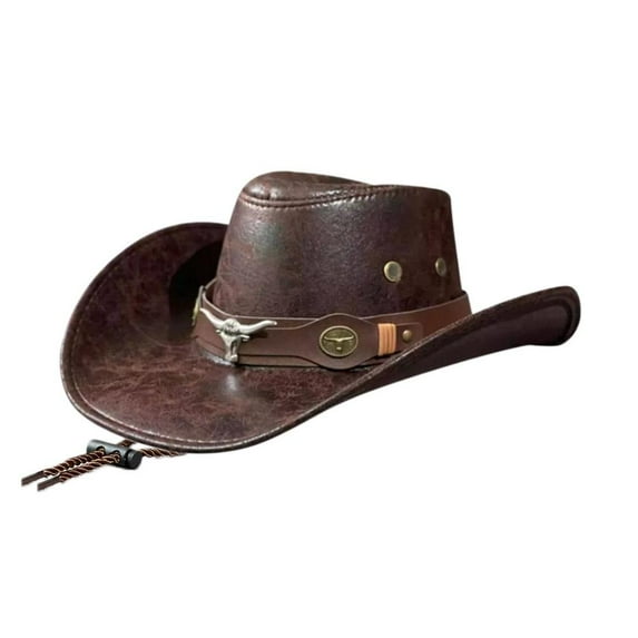 Cow Head Rivet Decorate Faux Leather Western Cowboy Hat Faux Leather Vintage Gentleman Dress ...