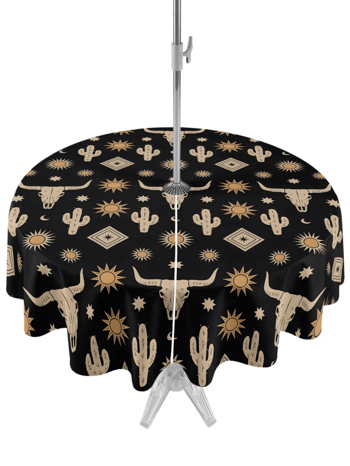 Cow Head Round Outdoor Tablecloth with Umbrella Hole Cactus Sun Moon 54 ...