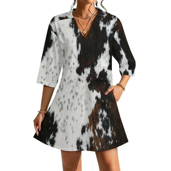 Cow Hide Womens Dress With Pockets Summer V Neck 3/4 Sleeve Dress Plus ...