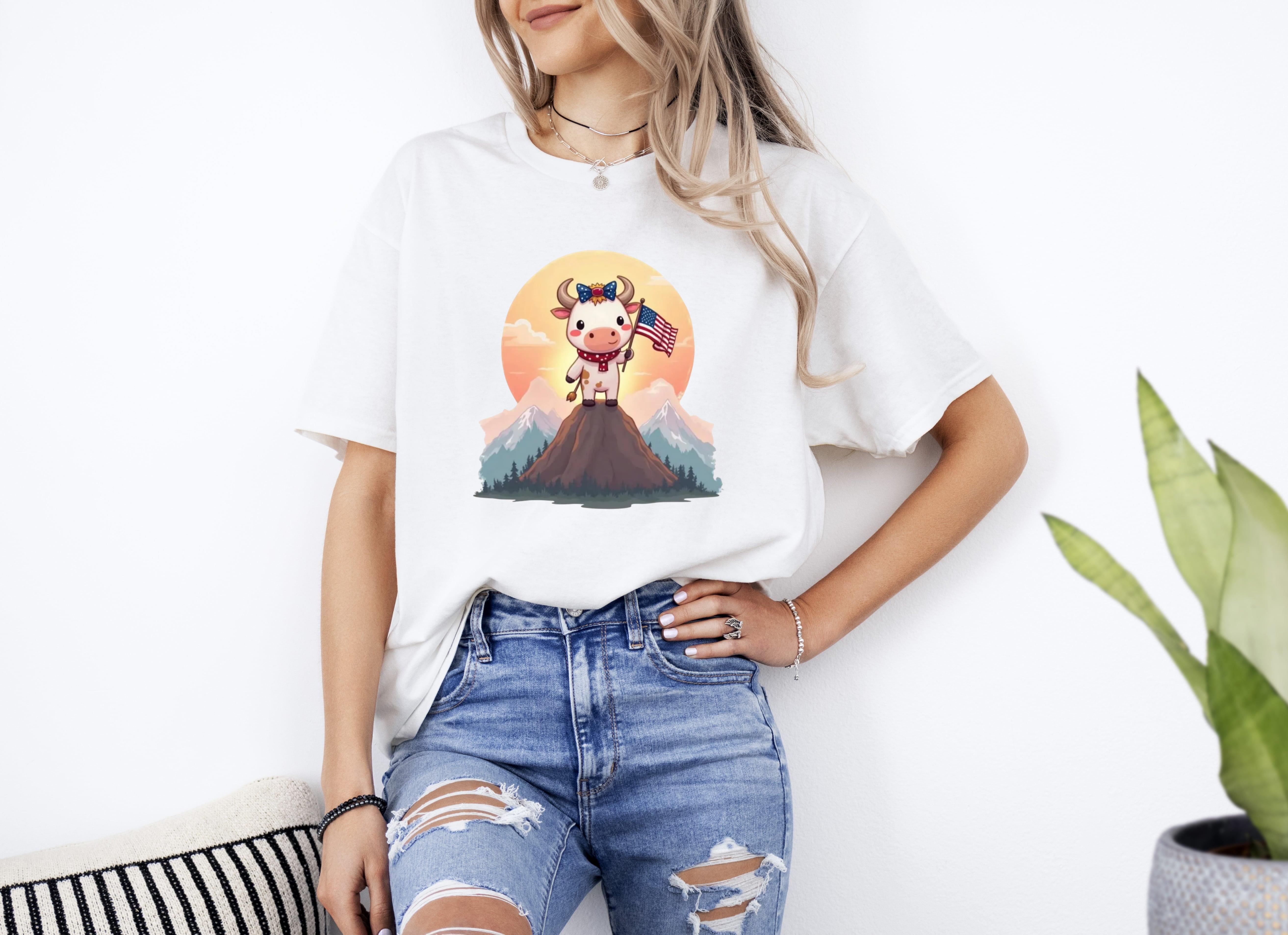 Cow Holding USA Flag Sunset Coquette Patriotic 4th Of July Graphic T-Shirt, for men & women, up ...