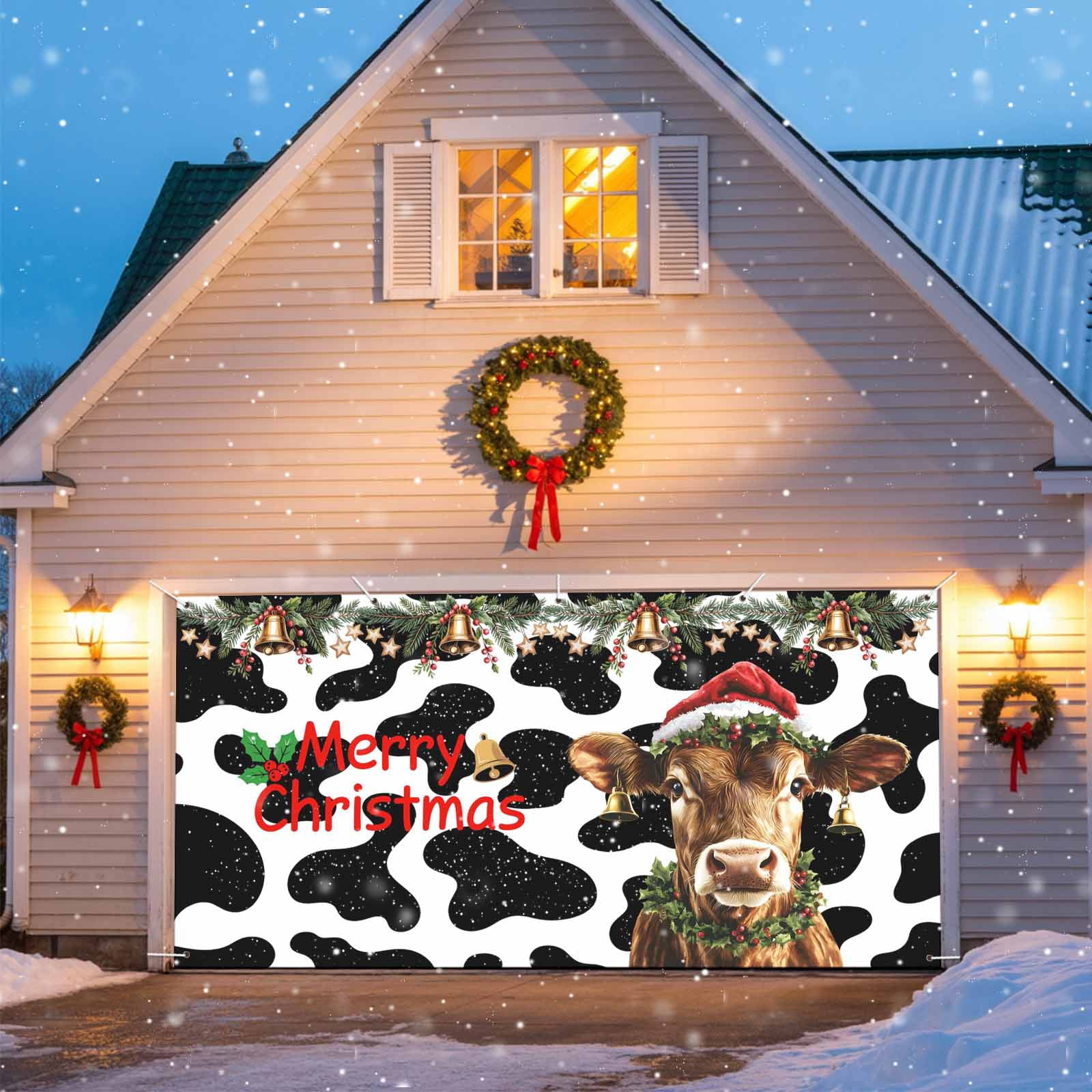 Cow Holly Berry Wreath Christmas Garage Door Decorations, 6.9x8ft ...