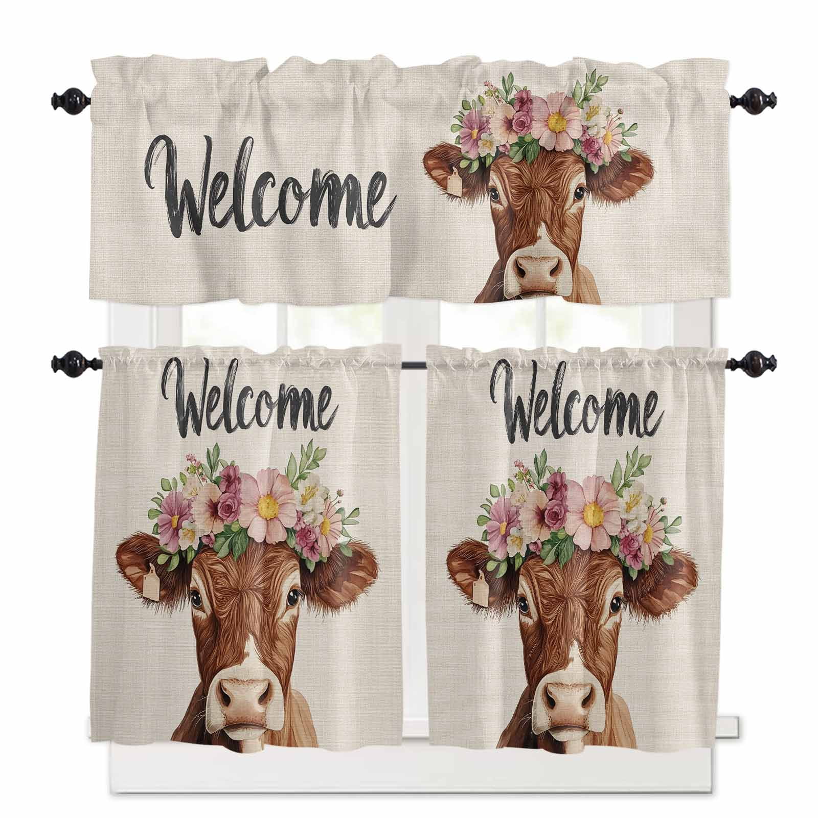 Cow Kitchen Curtains Valances and Tiers Set of 3 Welcome Tier Curtains ...